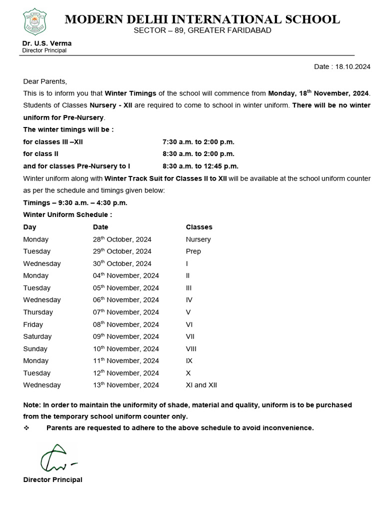 Winter School Timings & Uniform Schedule 2024 | PDF