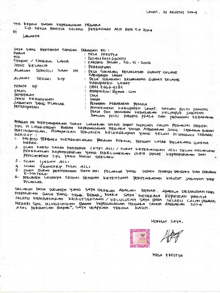 Surat Lamaran Nesa | PDF