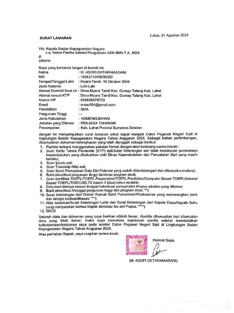 Surat Lamaran Sofi | PDF