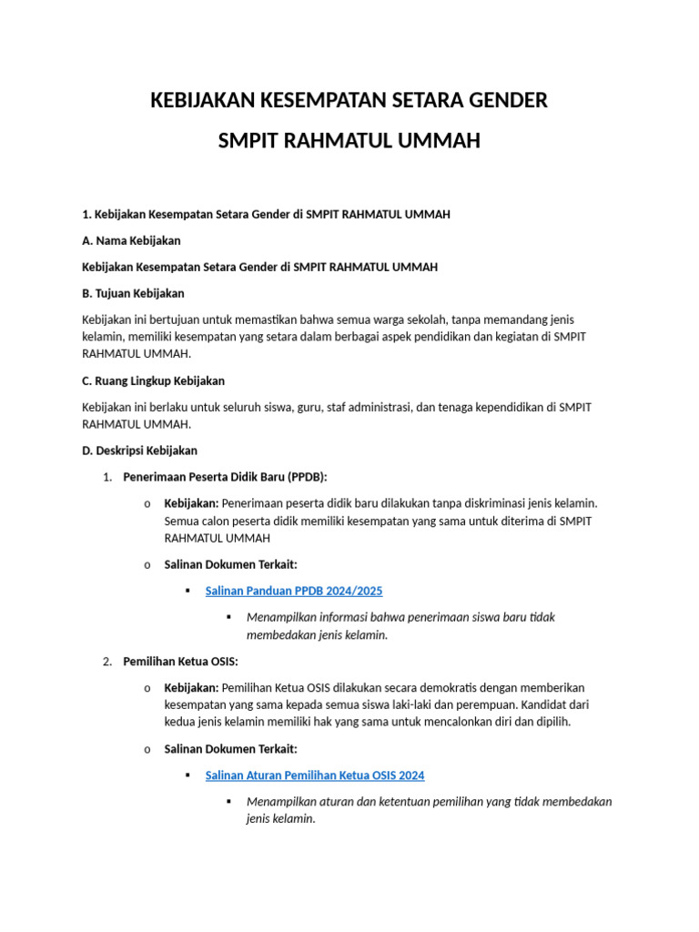 Kebijakan Kesetaraan Gender SMPIT Rahmatul Ummah | PDF