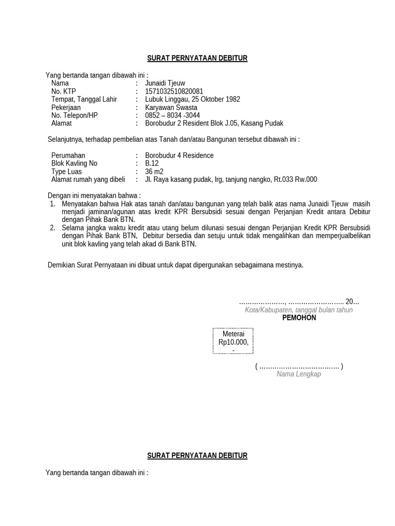 Surat Pernyataan Debitur KPR Bersubsidi | PDF