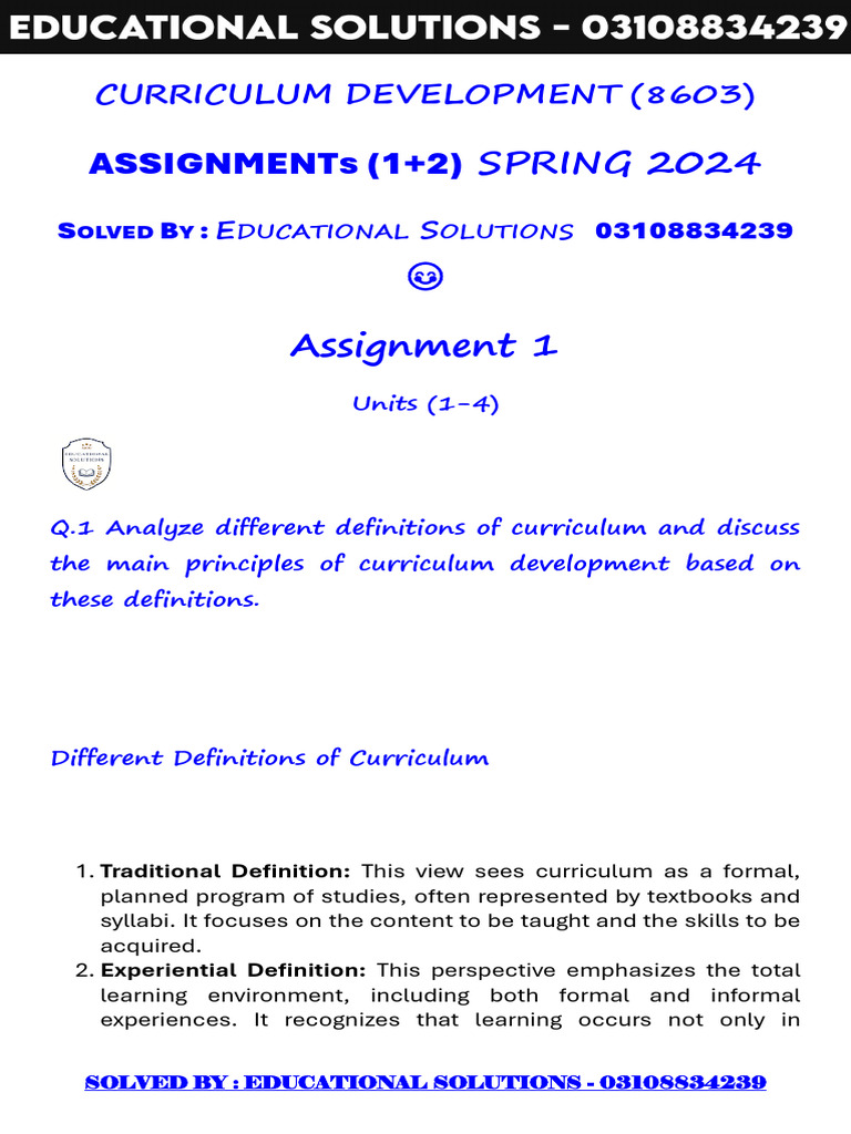 Curriculum Development 8603 Assignment 1 2 S24 Pdf Educational