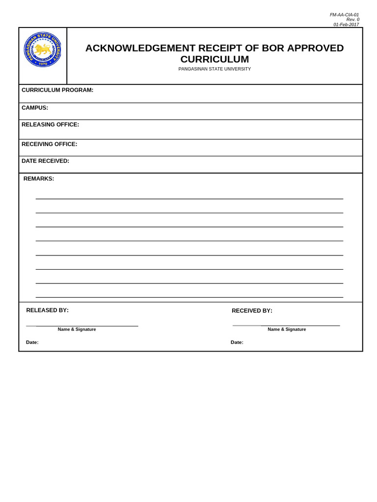 Curriculum Receipt Acknowledgment | PDF