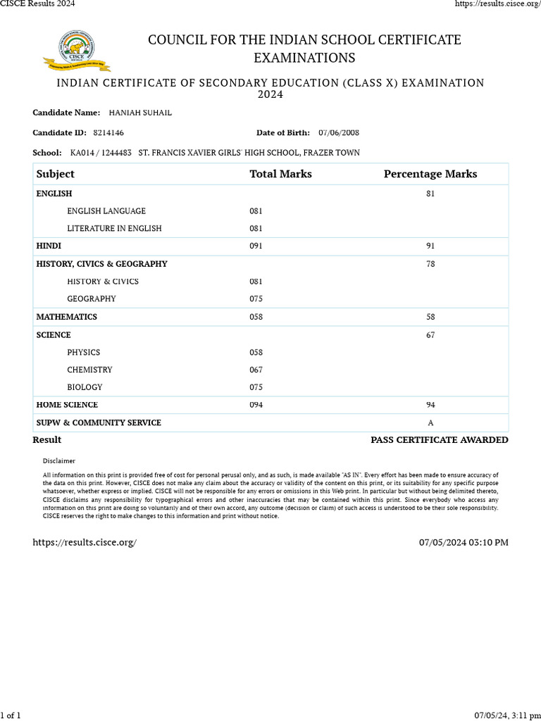 CISCE Results 2024 - Haniah Suhail | PDF