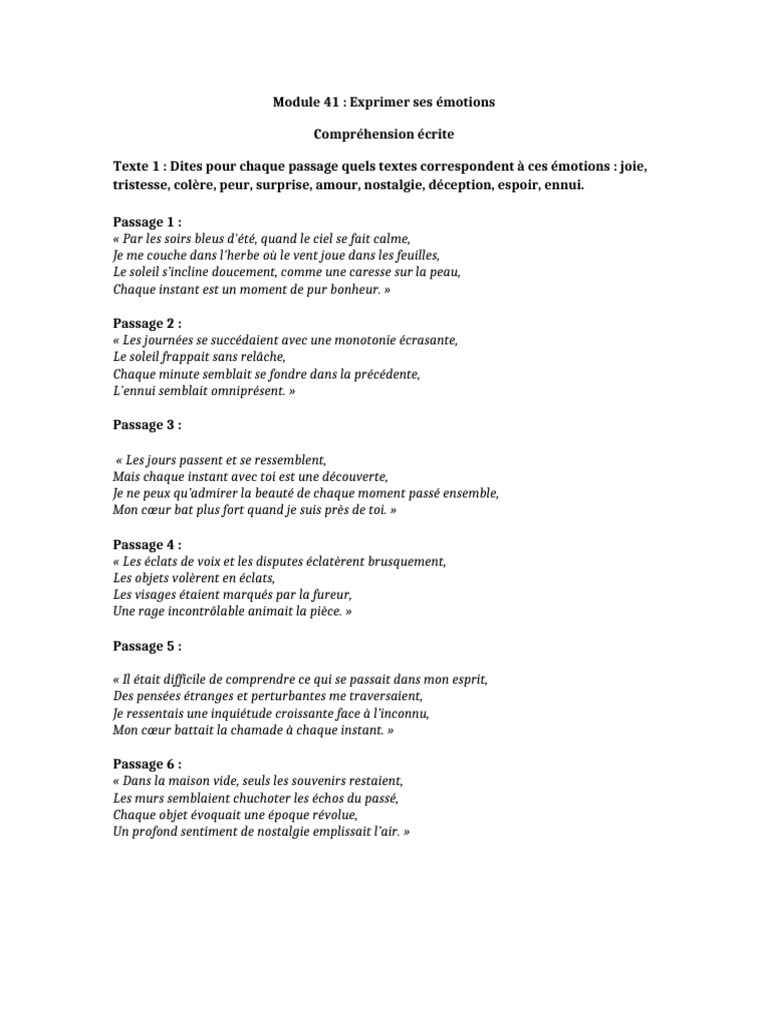 Exercice Comprehension Ecrite B1 | PDF | Émotions