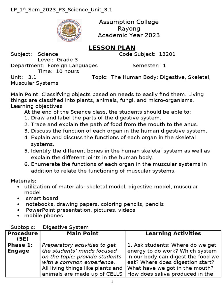 LP 2023 Sem1 P3 Unit3.1 5emodel | PDF | Digestion | Arm