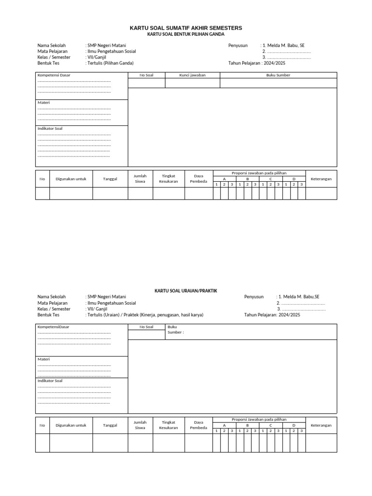 Format Kisi-Kisi, Penskoran Dan Kartu Soal | PDF
