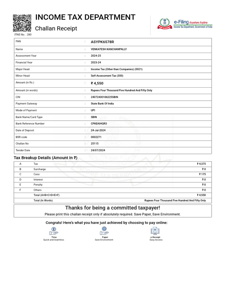 24072400106225SBIN ChallanReceipt | PDF | Taxes | Payments