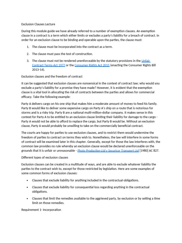 Exclusion Clauses Lecture | PDF | Contractual Term | Legal Liability