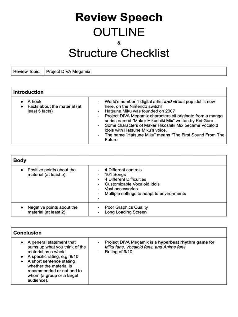 Project DIVA Megamix Review Speech Outline & Structure Checklist | PDF Project DIVA Megamix Review Speech Outline & Structure Checklist | PDF