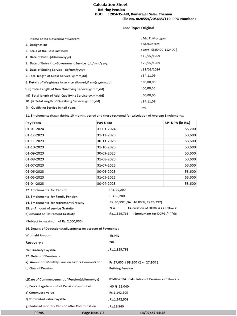 RPT Pension Calculation Sheet | PDF | Pension | Taxation