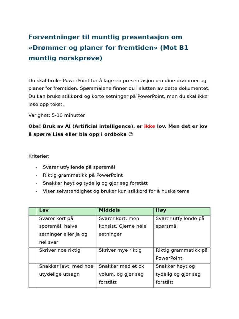 Forventninger Til Muntlig Presentasjon Uke 38 | PDF