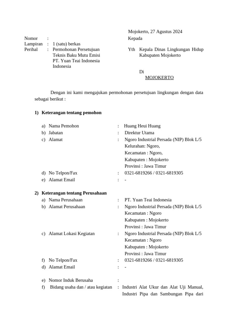 Surat Permohonan Pertek Emisi PT. Yuan Teai Indonesia | PDF