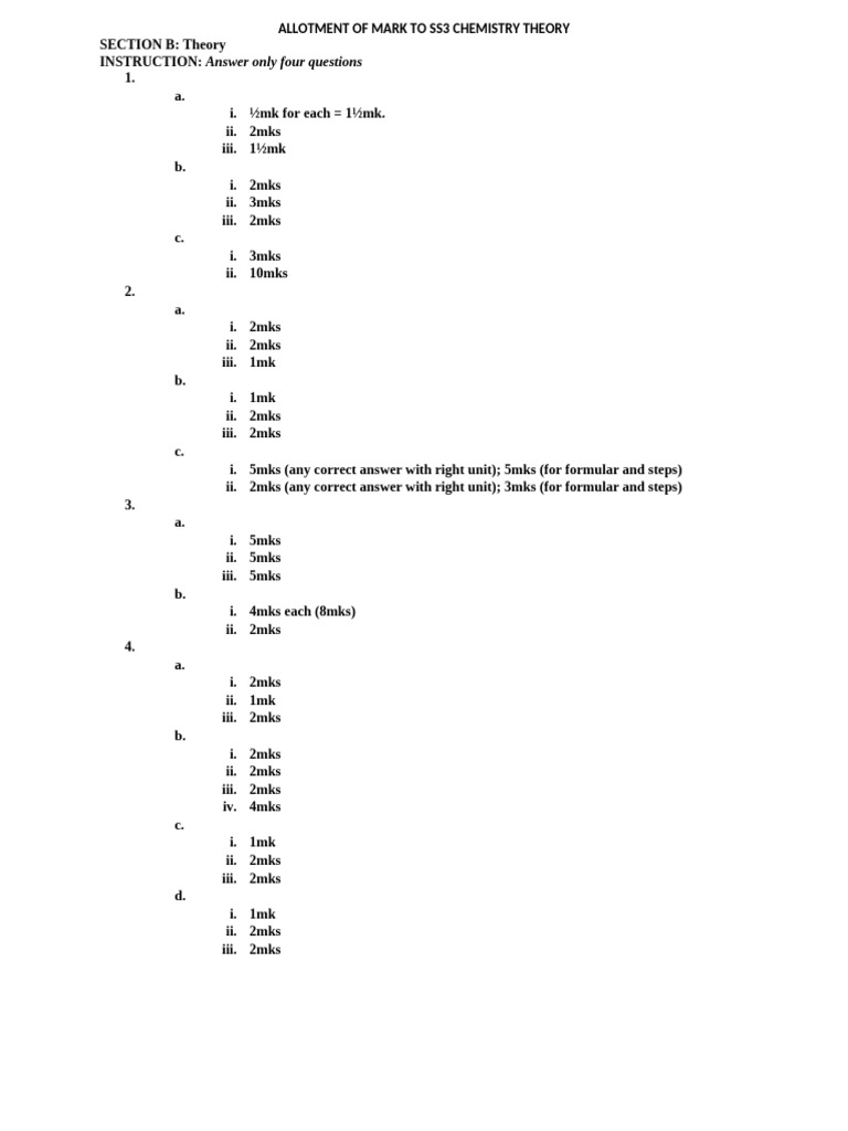Allotment of Mark To SS3 Chemistry Theory - 111850 | PDF