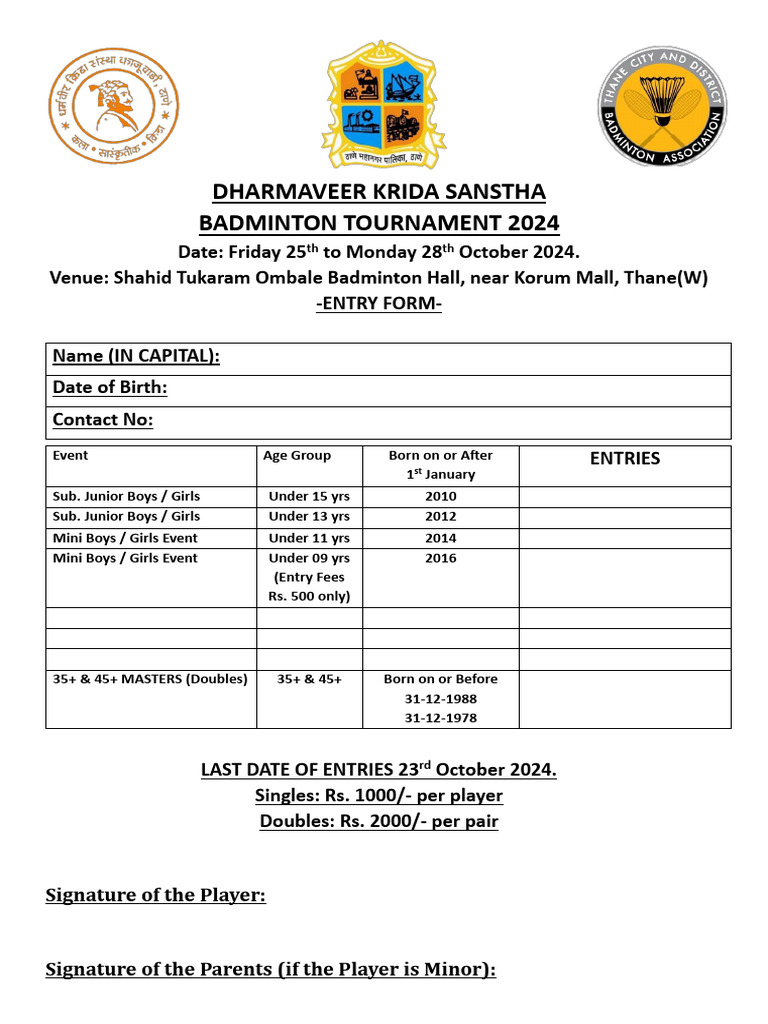 Tournament 2024 Entry Form | PDF | Sports