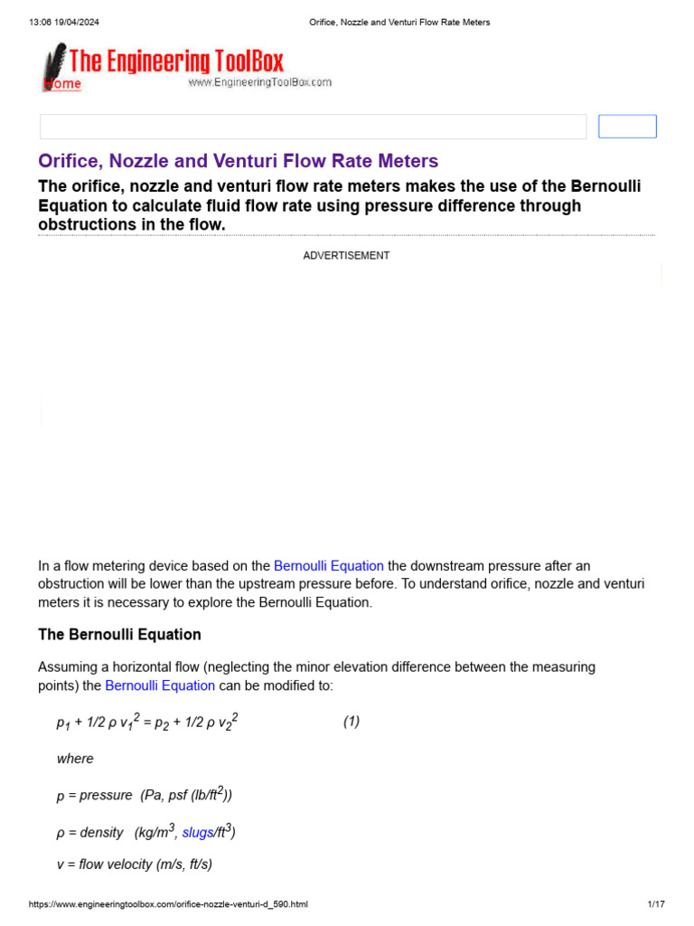 Orifice, Nozzle and Venturi Flow Rate Meters | PDF | Flow Measurement ...