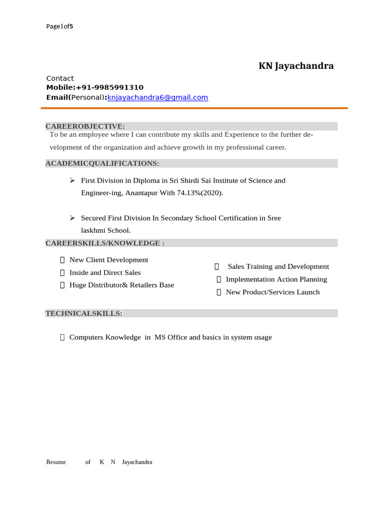 Resume-Kn Jayachandra | PDF | Career & Growth | Business