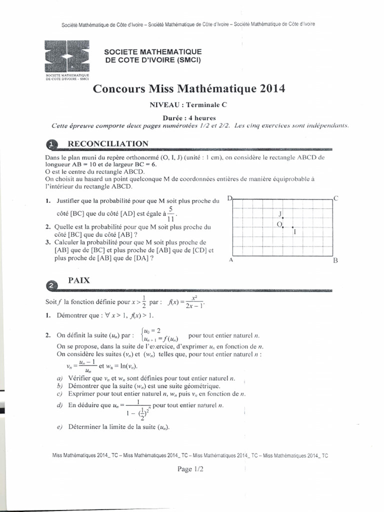 Concours Miss Maths 2014 Niveau Tle C | PDF
