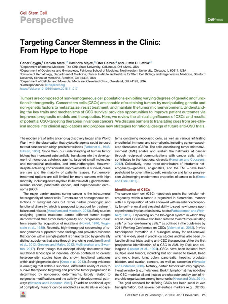 Lathia Et Al 2019: Targeting Cancer Stemness in The Clinic: From Hype ...