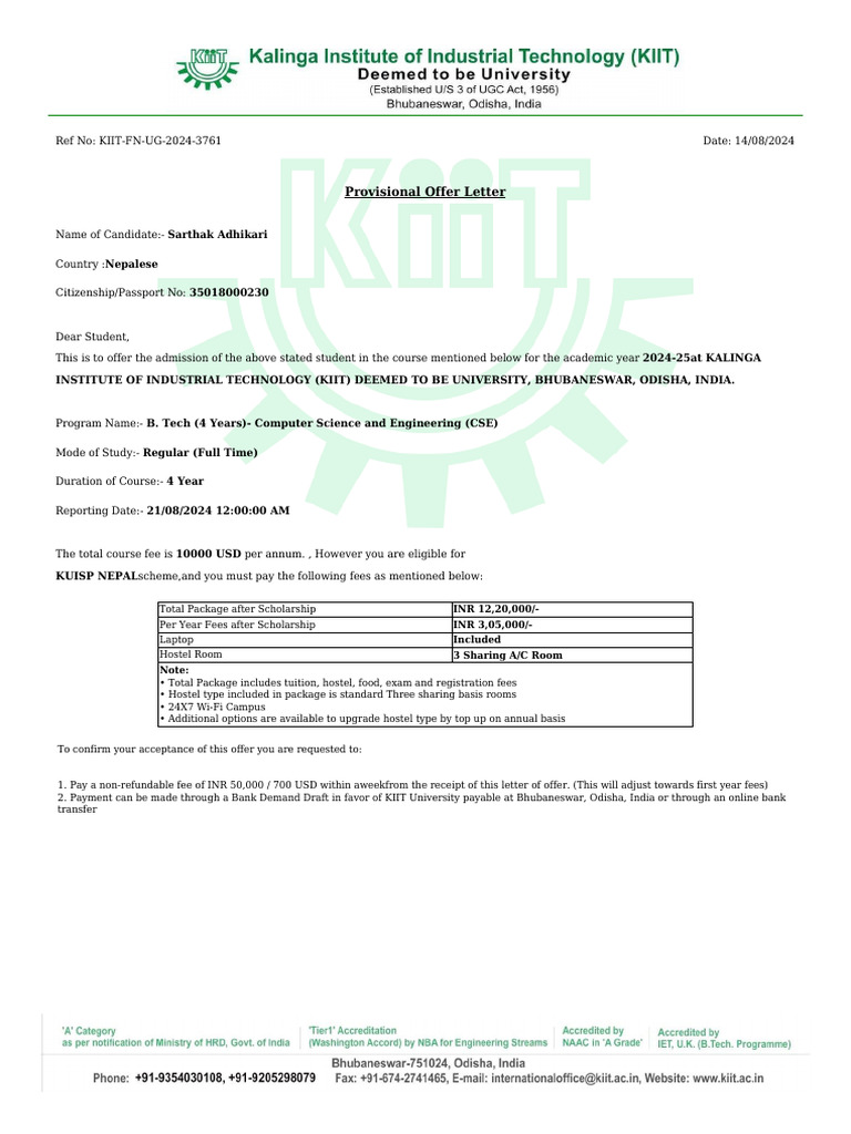KIIT B.Tech CSE Admission Offer 2024 | PDF