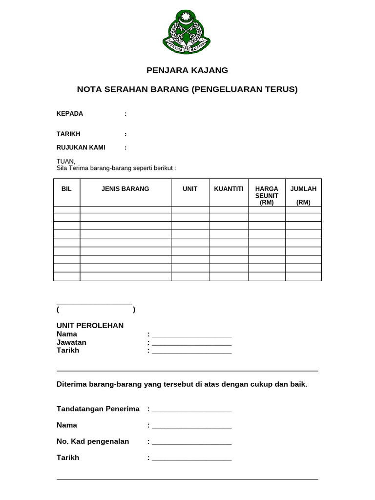 Nota Serahan Barang Penjara Kajang | PDF | Pengelolaan Keuangan & Uang