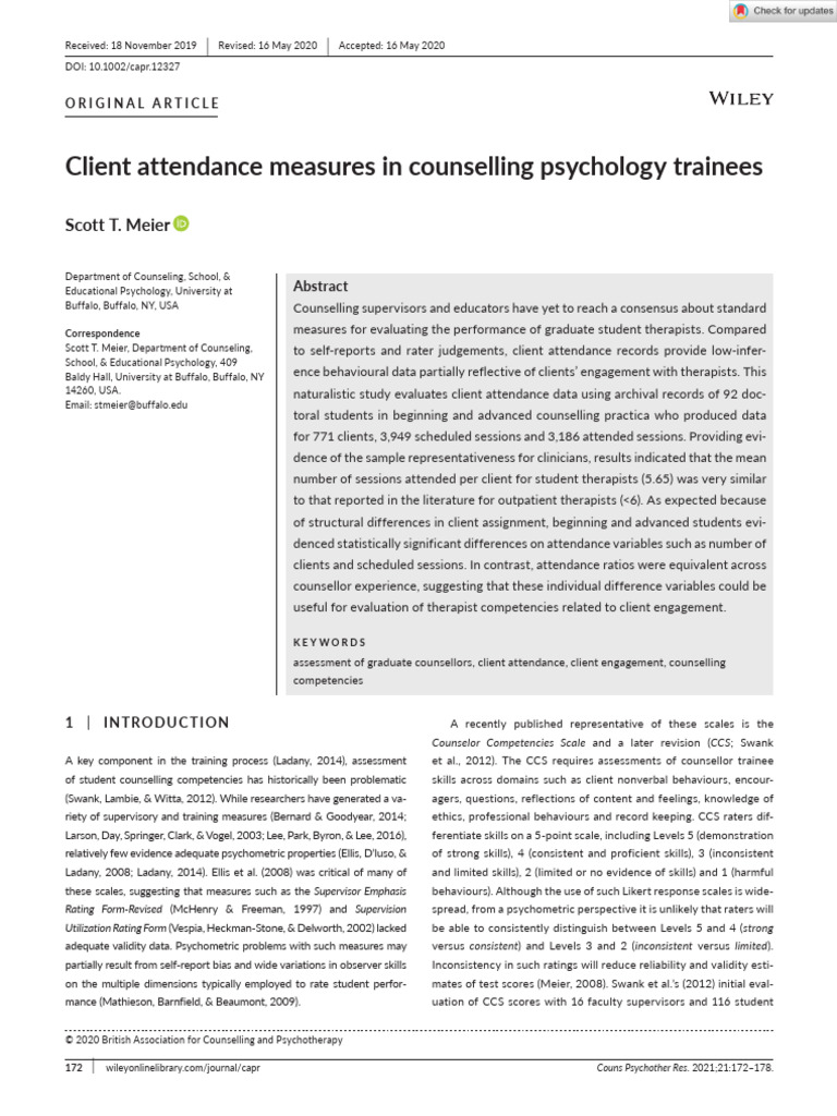 Couns and Psychother Res - 2020 - Meier - Client Attendance Measures in Counselling Psychology ...