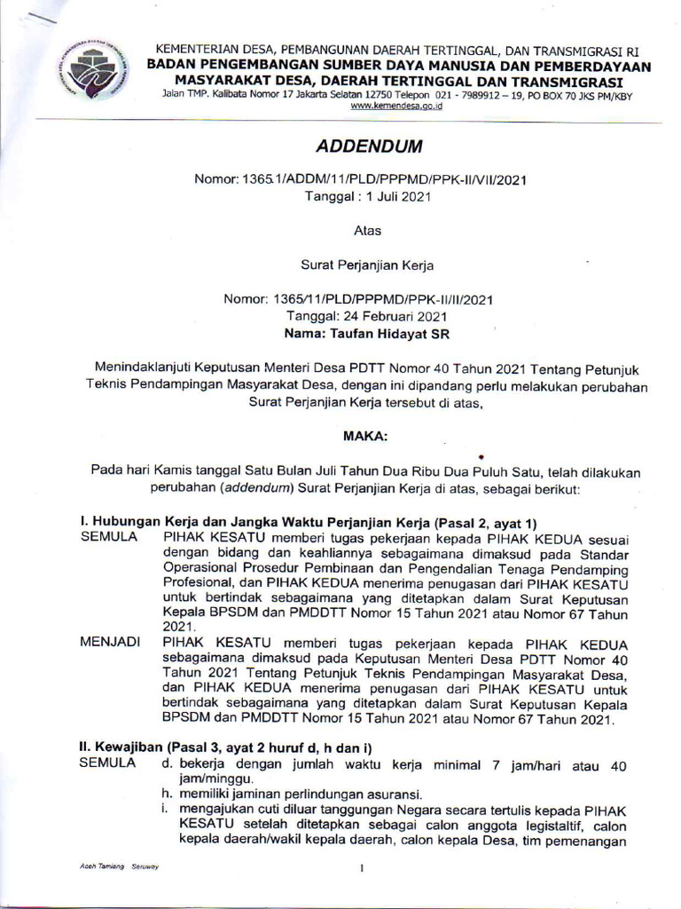 Addendum SPK Taufan Hidayat SR | PDF
