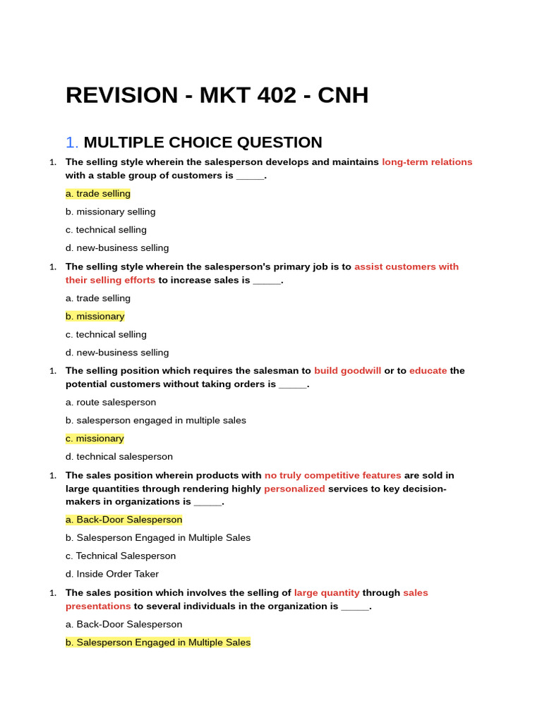 Quản trị bán hàng - MKT 402 Sales Management - Đề cương ôn tập cuối kỳ - Tiếng Anh | PDF | Sales ...