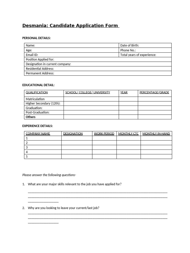 Desmania - Candidate Application Form | PDF