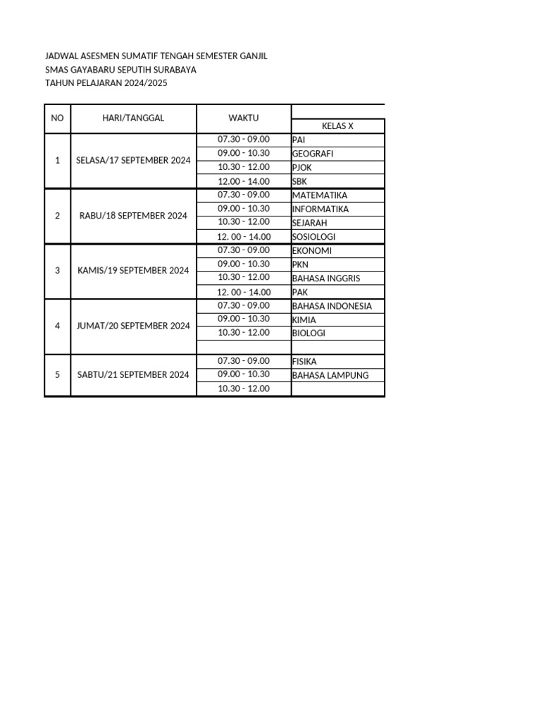 Jadwal Pts Ganjil 2024-2025 | PDF