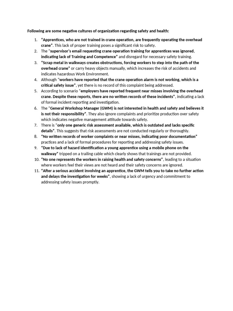 Following Are Some Negative Cultures of Organization Regarding Safety ...