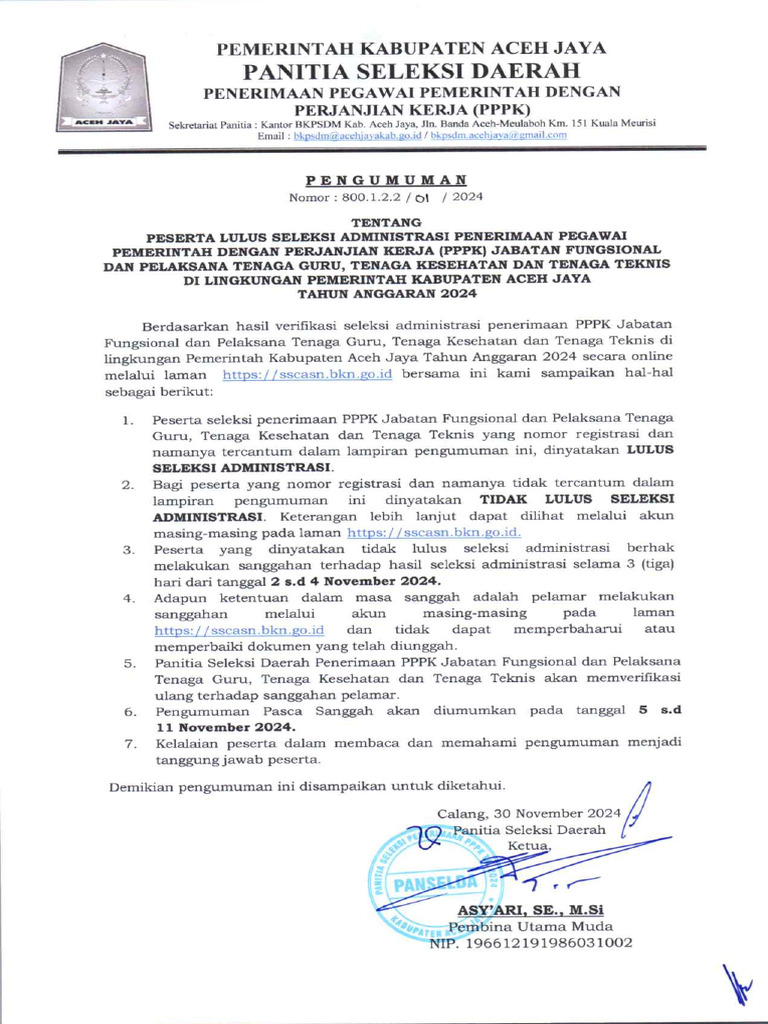 Pengumuman Lulus Seleksi Administrasi PPPPK Tahun 2024 | PDF