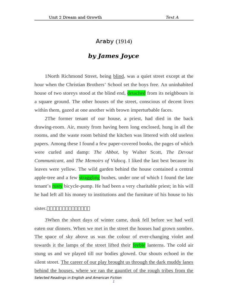 Unit 2 Text A Araby | PDF