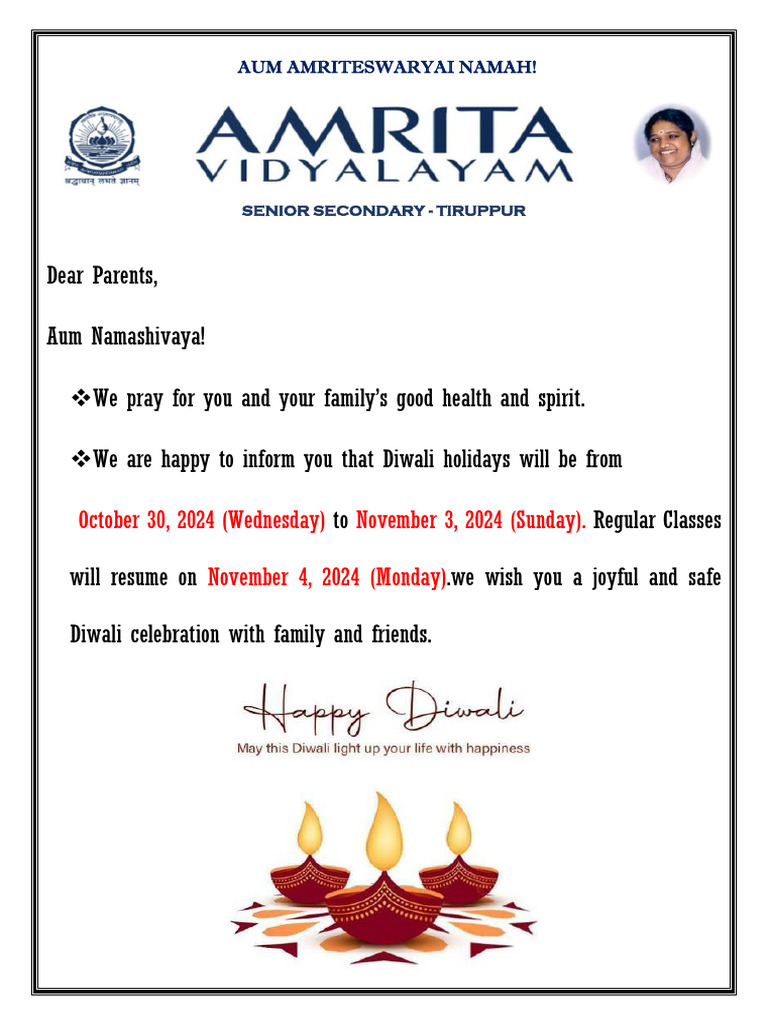 Diwali Holiday Notice for Parents 2024 | PDF | Wellness