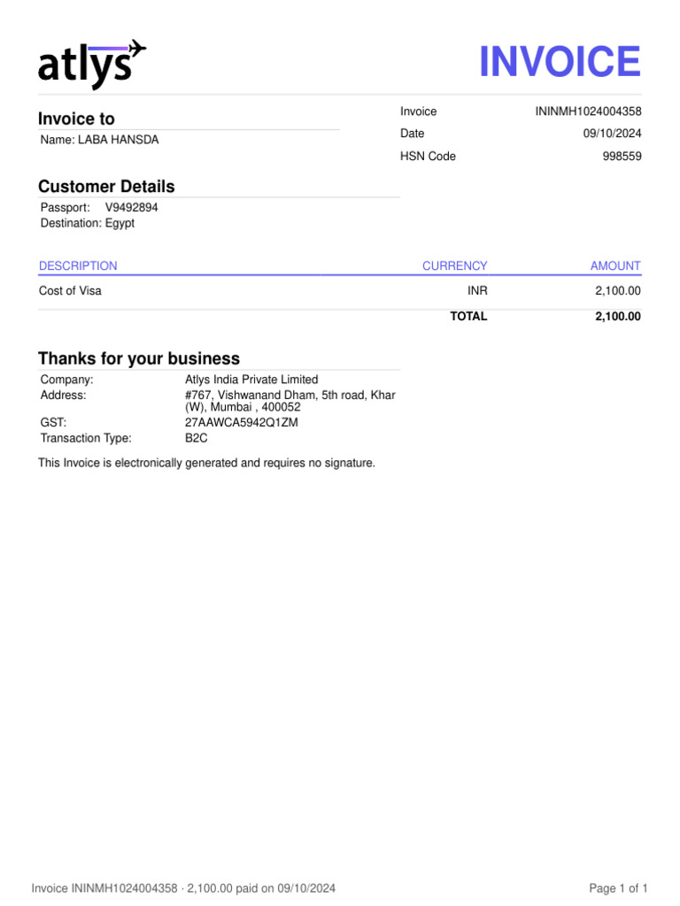 Atlys India Invoice for Laba Hansda | PDF