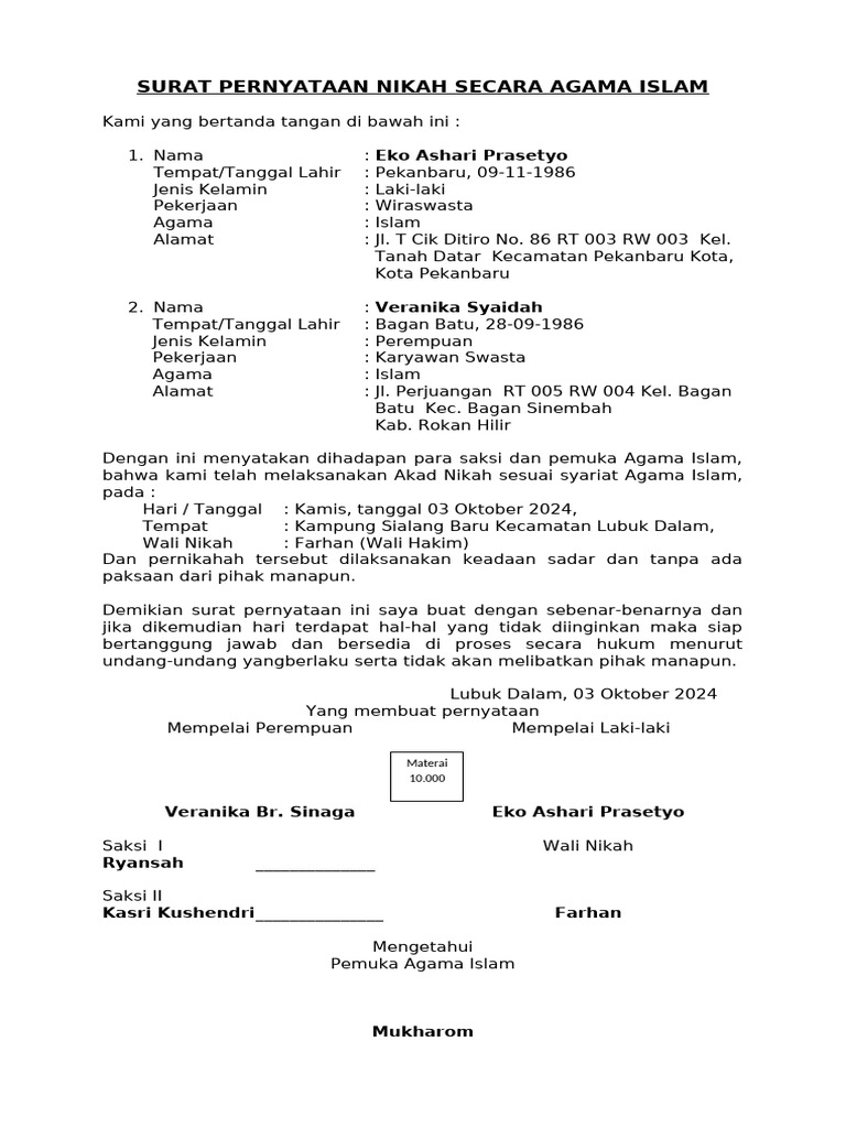 Surat Pernyataan Nikah Islam 2024 | PDF
