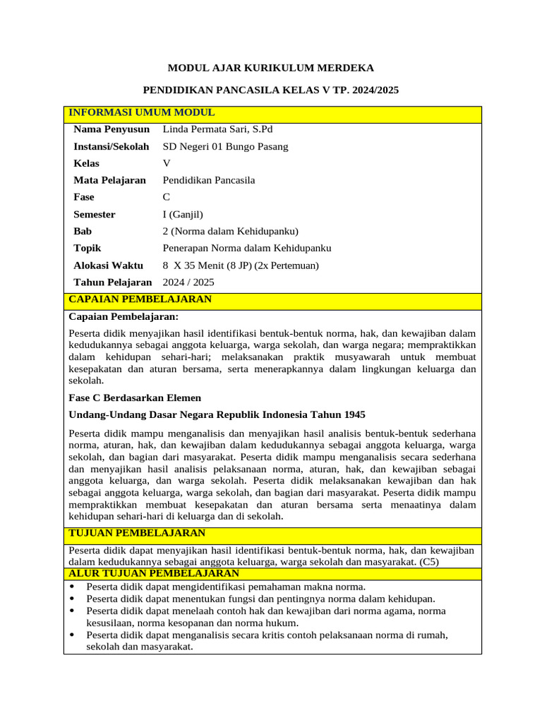 Kelas V Modul Ajar Pend. Pancasila Macam - Macam Norma | PDF