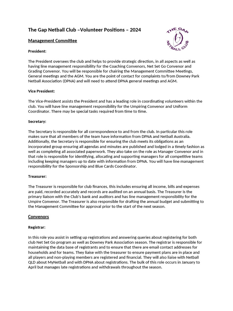 The Gap Netball Club - Position Descriptions and Nomination Forms ...