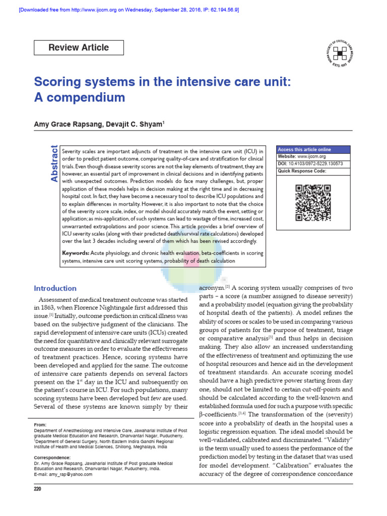 Scoring Systems in The Intensive Care Unit A Compe | PDF | Intensive ...