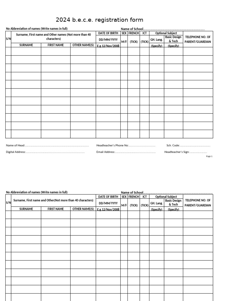 2024 BECE Registration Form | PDF | Telecommunications