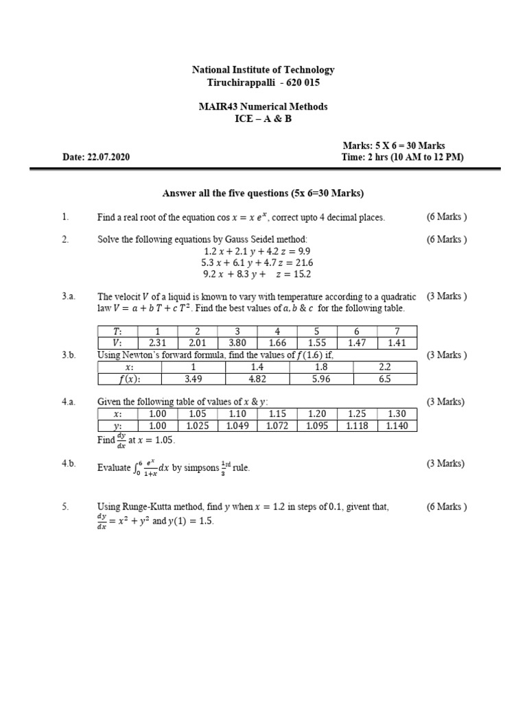 Numerical Methods Exam Questions | PDF