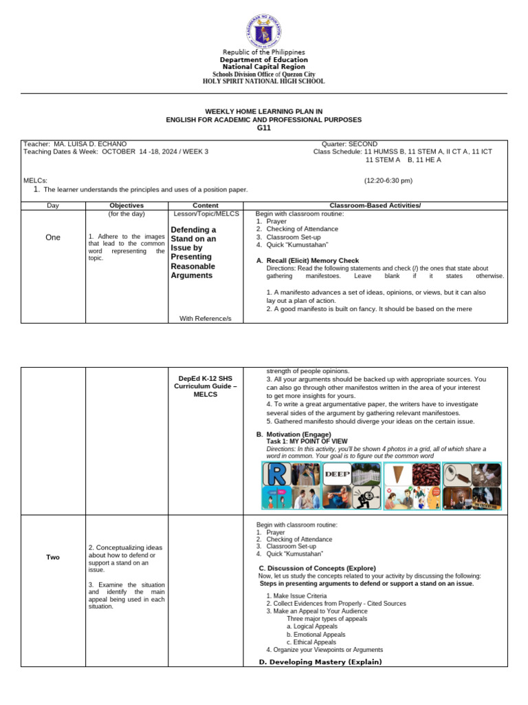 WLP-2nd QRTR - Week 2-In-English For Academic and Pro. Purposes - G11 | PDF | Argument | Learning