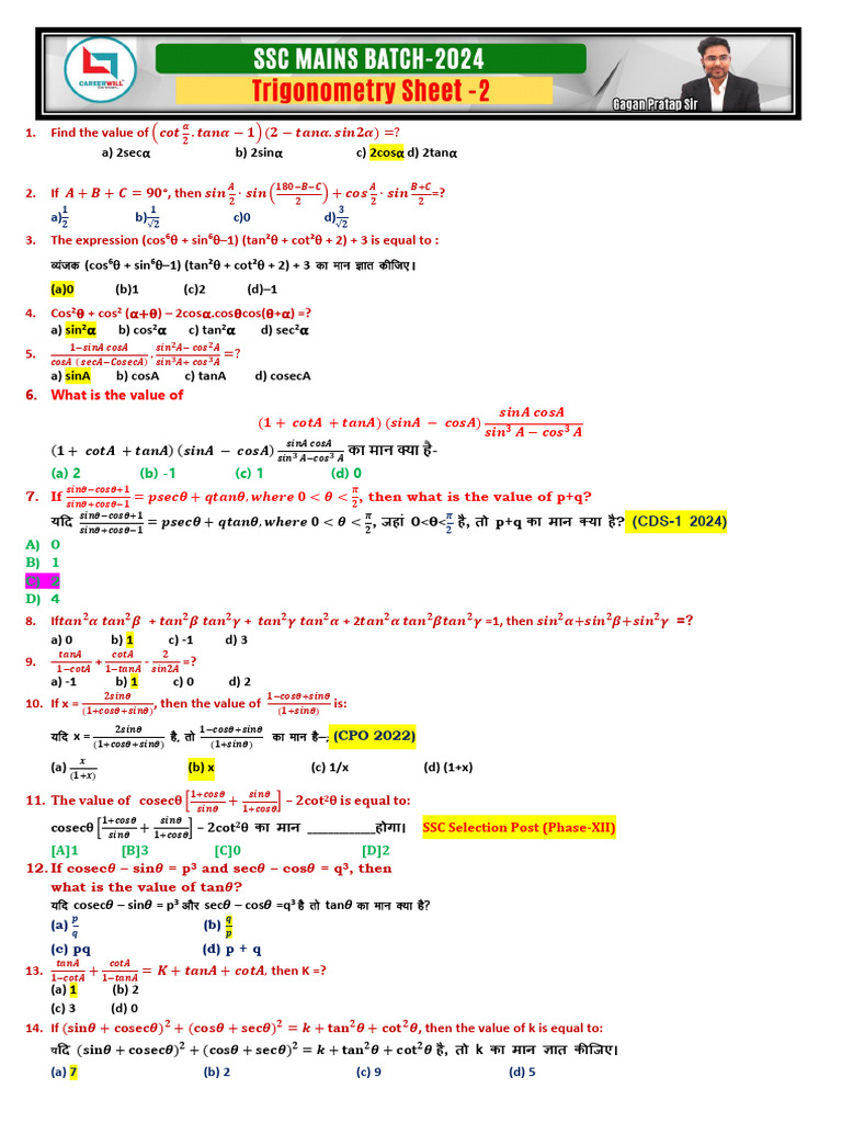 Trigonometry Sheet - 2 | PDF | Angle | Trigonometry