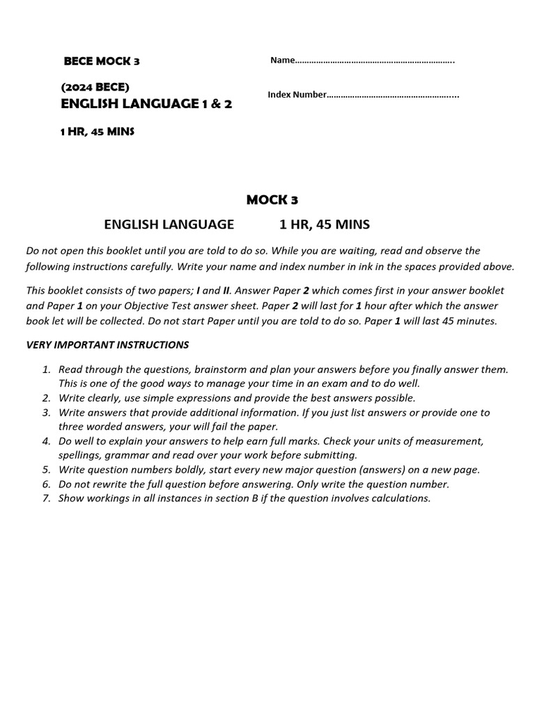 English Bece Mock 3 2024 | PDF | Question