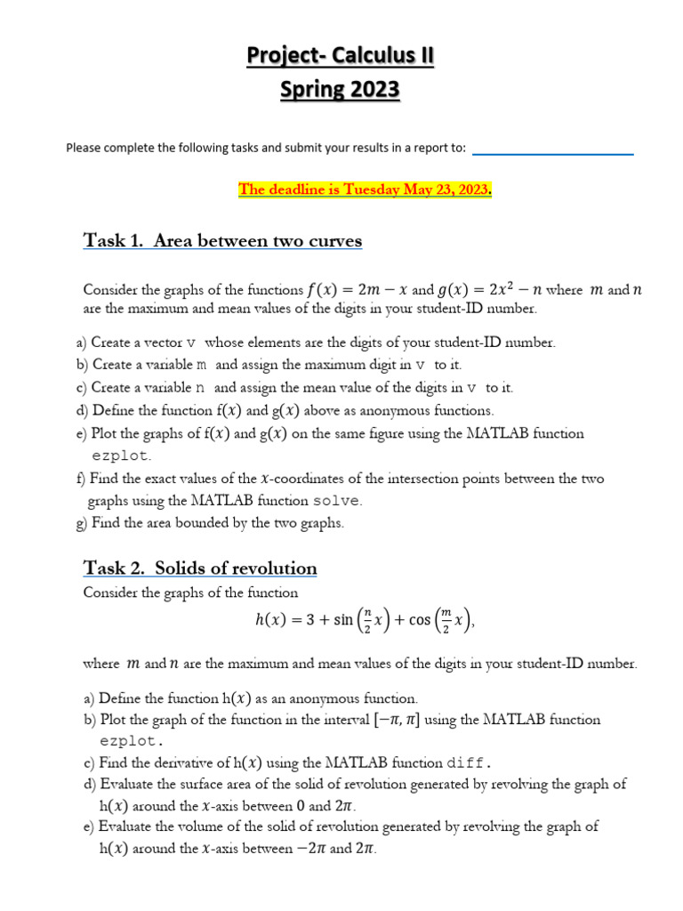 Tasks - Matlab - Project - Calculus II - Spring - 23 | PDF | Teaching Methods & Materials