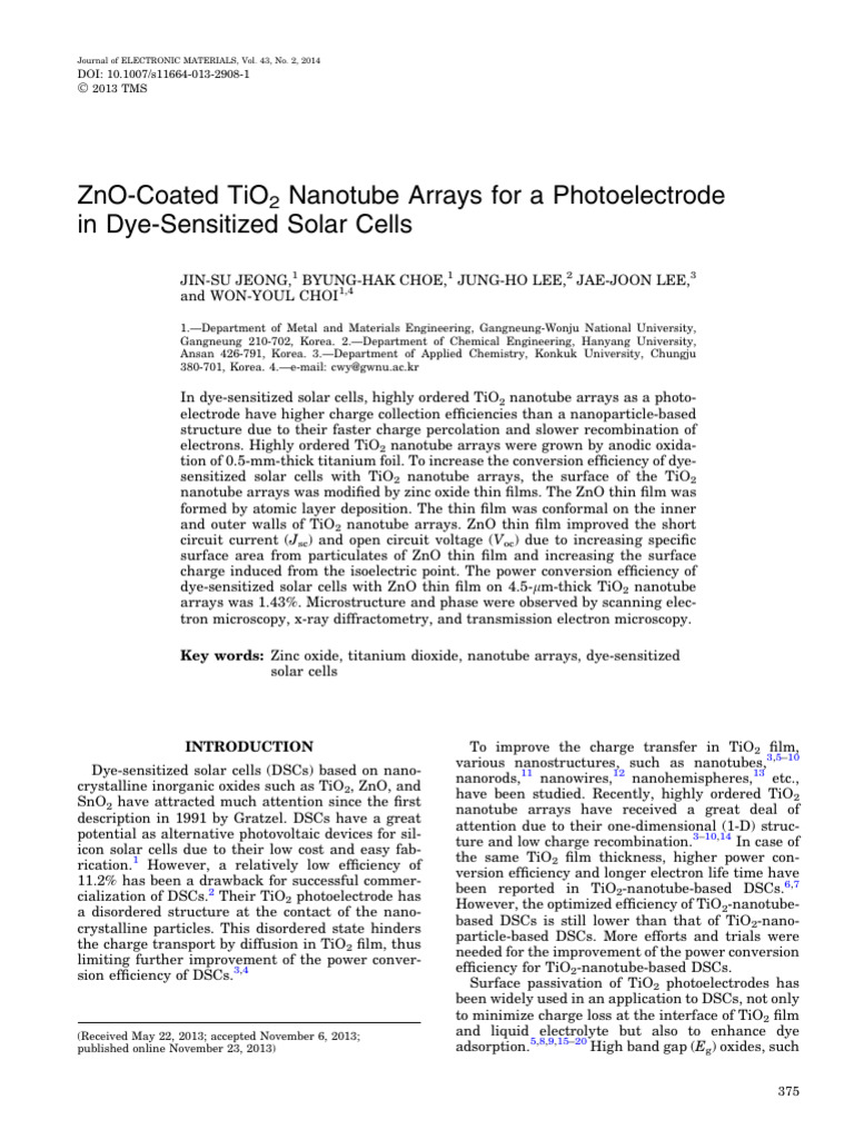 ZnO-Coated TiO 2 Nanotube Arrays For A Photoelectrode in Dye-Sensitized ...