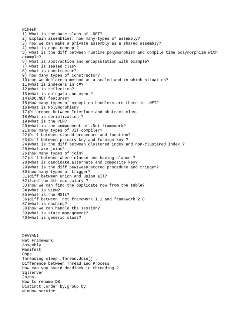 Technical Interview Questions | PDF | C Sharp (Programming Language) | Class (Computer Programming)