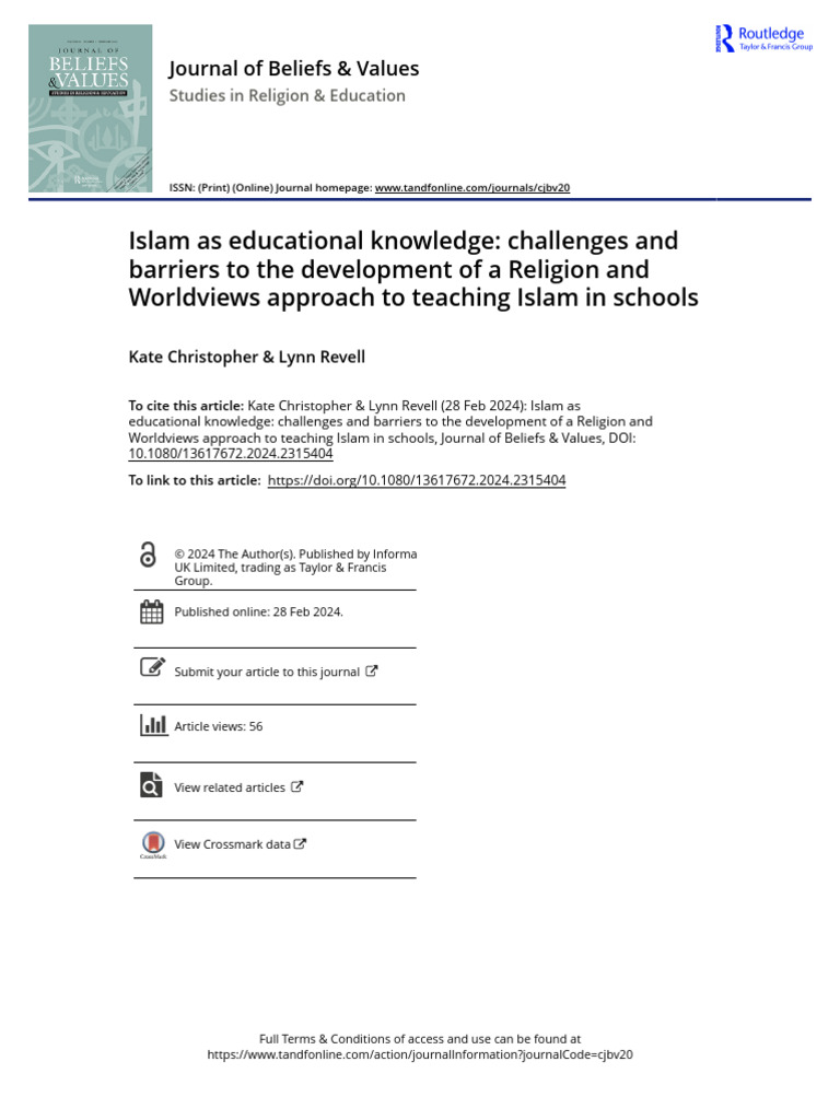Islam As Educational Knowledge Challenges and Barriers To The Development of A Religion and ...