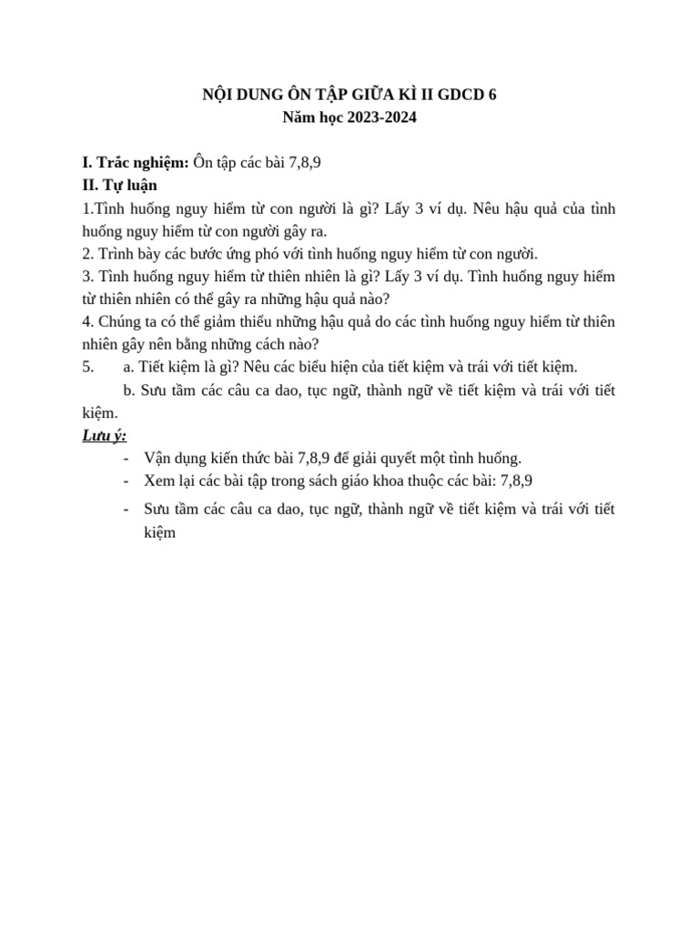 Nội Dung Ôn Tập Giữa Kì II Gdcd 6 | PDF