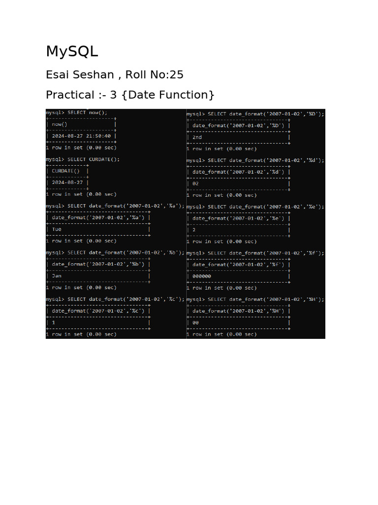 Esai Seshan MySQL Practical 3 and 4 | PDF